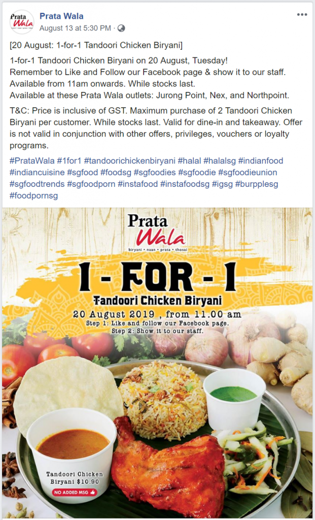 Prata Wala is offering 1-for-1 Tandoori Chicken Biryani at 3 outlets on ...