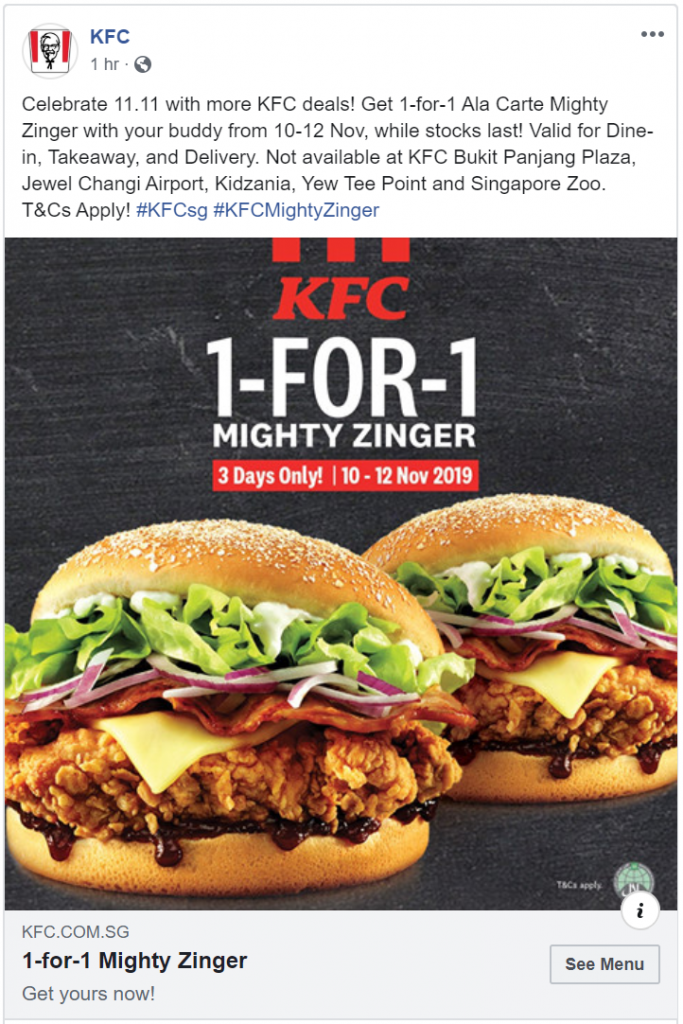 KFC's 11.11 deal lets you enjoy 1-for-1 Mighty Zinger from 10 - 12 Nov ...