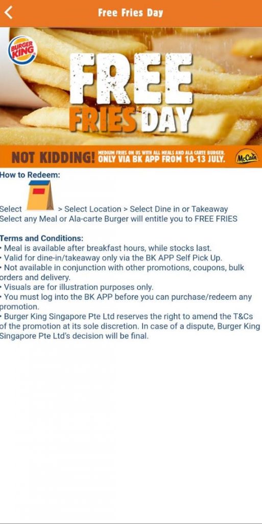 Burger King S'pore offering free Medium Fries when you order via the BK ...