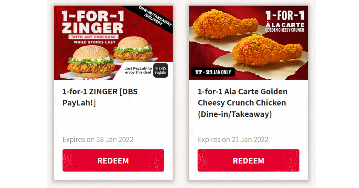 KFC Has 1-FOR-1 Deals For Dine-In & Takeaway, Including Zinger Burger ...