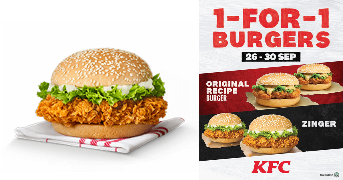1-FOR-1 Zinger and Original Recipe Burgers at KFC from 26 - 30 Sep 22 | MoneyDigest.sg