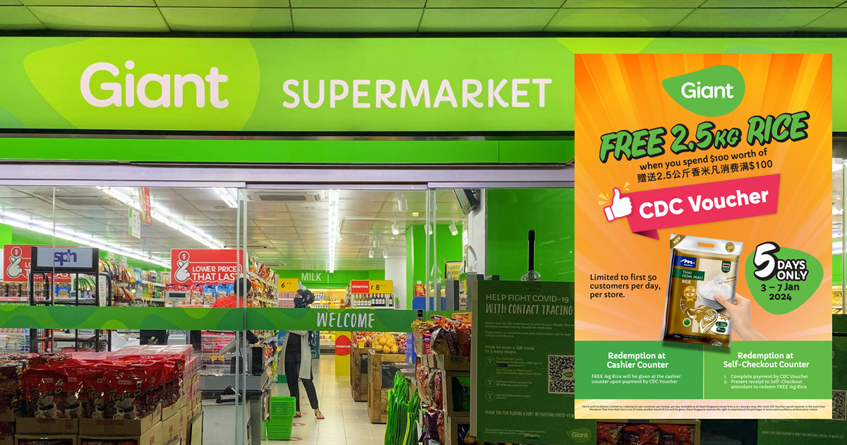 Giant Singapore giving away free 2.5kg rice when you spend $100 worth of CDC voucher from 3 - 7 ...