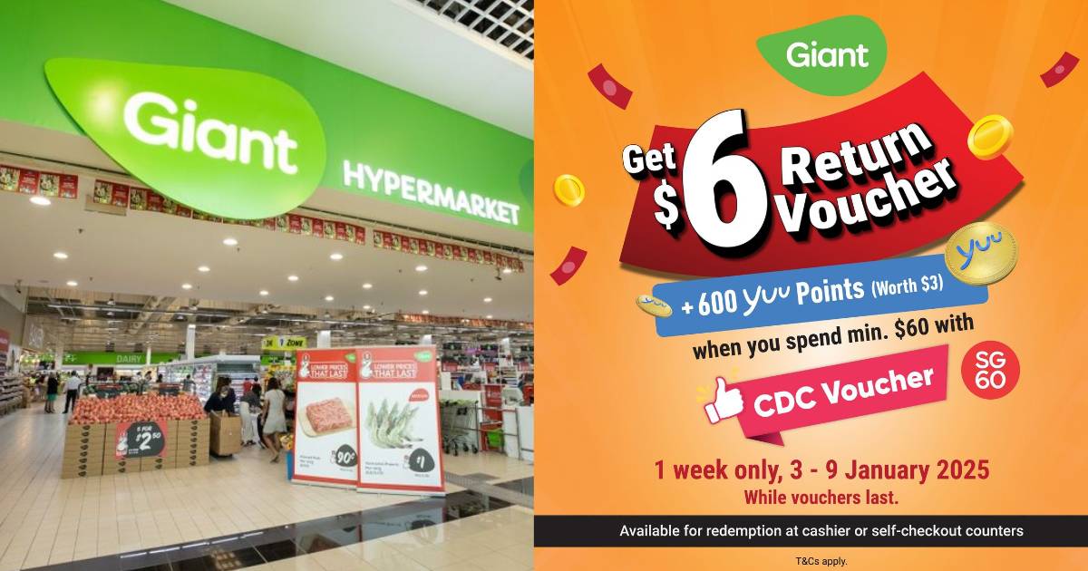 Giant is giving $6 Return Voucher + 600 yuu points (worth $3) with min. $60 spend of CDC ...
